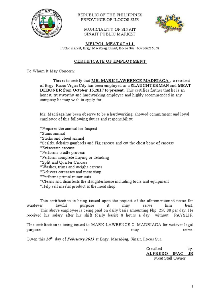 Certificate of Employment for Butchers | PDF | Slaughterhouse | Food ...