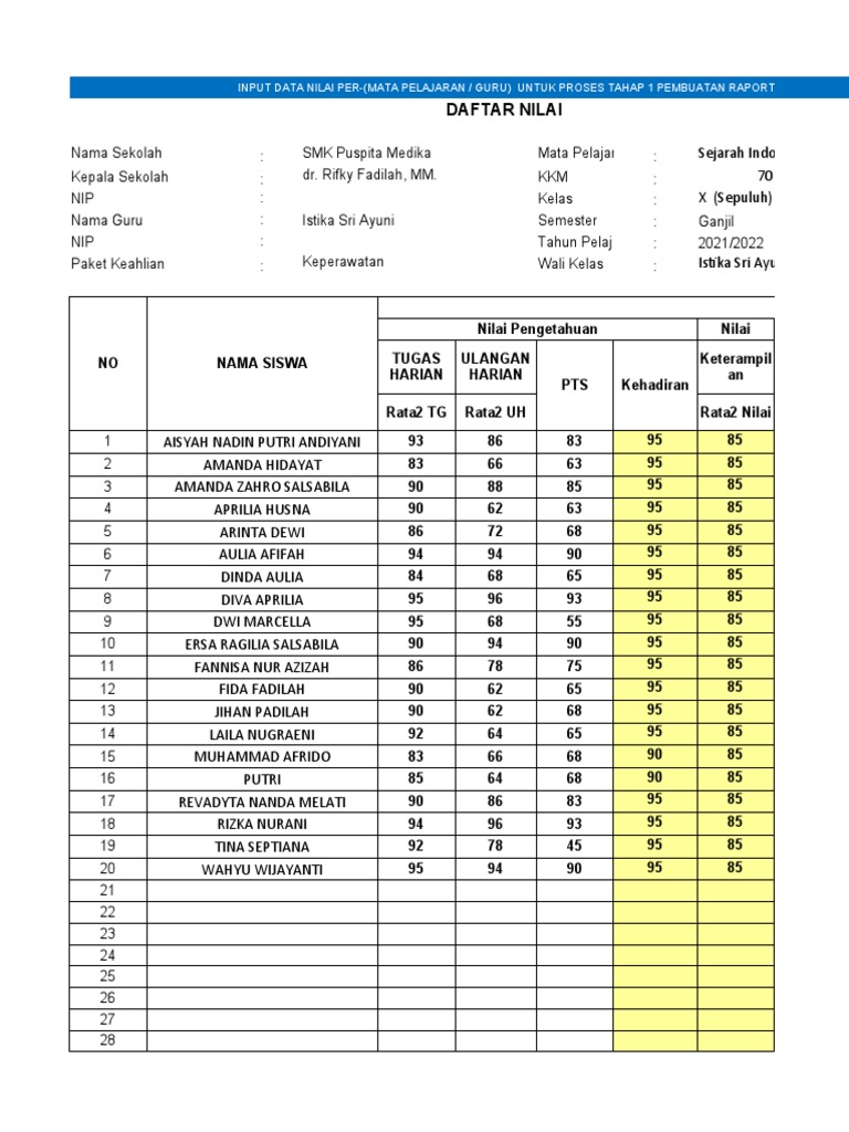 Format Nilai PTS Rapot X | PDF