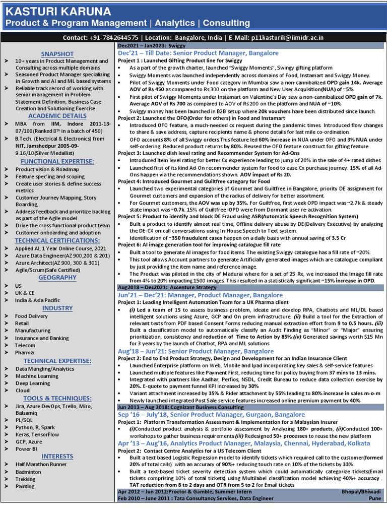 Kasturi Karuna CV Feb 2023 Product Growth | PDF | Analytics | Speech Recognition