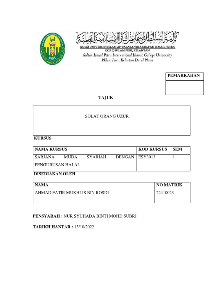 Assignment Solat Orang Uzur | PDF