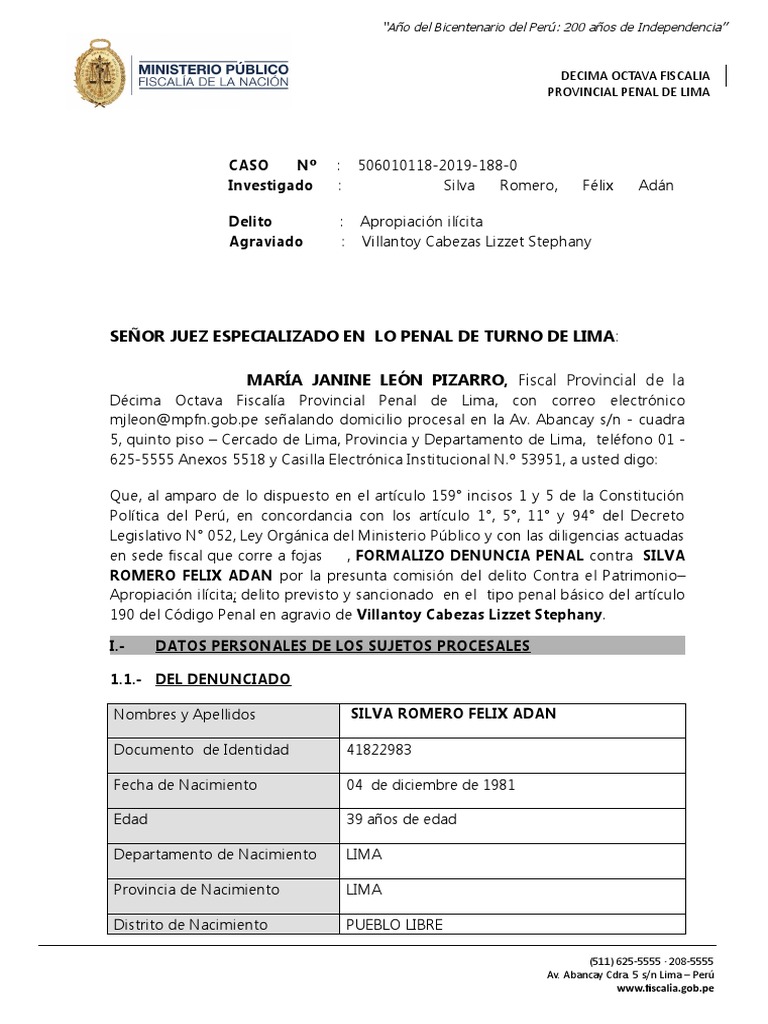 FORMALIZACIÓN 188-2019 - Apropiación Ilícia | PDF | Fiscal | Derecho penal