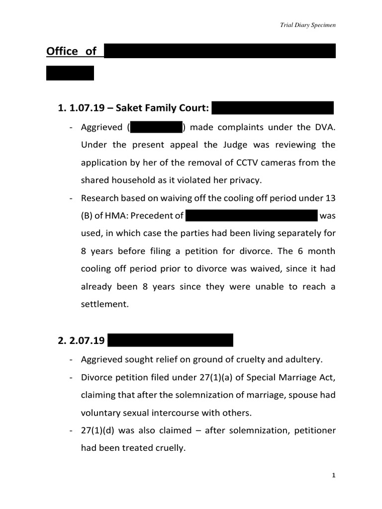Trial Court Diary Specimen | PDF | Divorce | Marriage