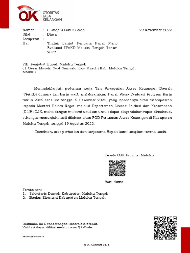 S-383.KO.0604.2022 Tindak Lanjut Rencana Rapat Pleno Evaluasi TPAKD Maluku Tengah Tahun 2022 | PDF