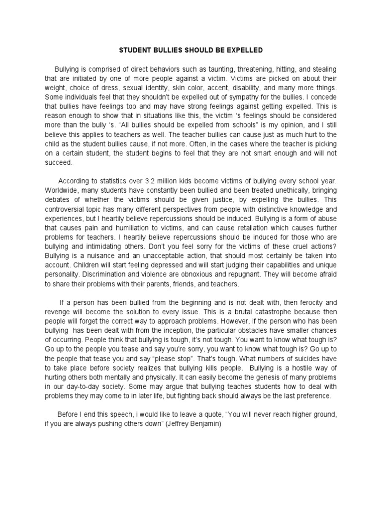 Expelling Bullies: A Necessary Action | PDF | Bullying | Psychological ...
