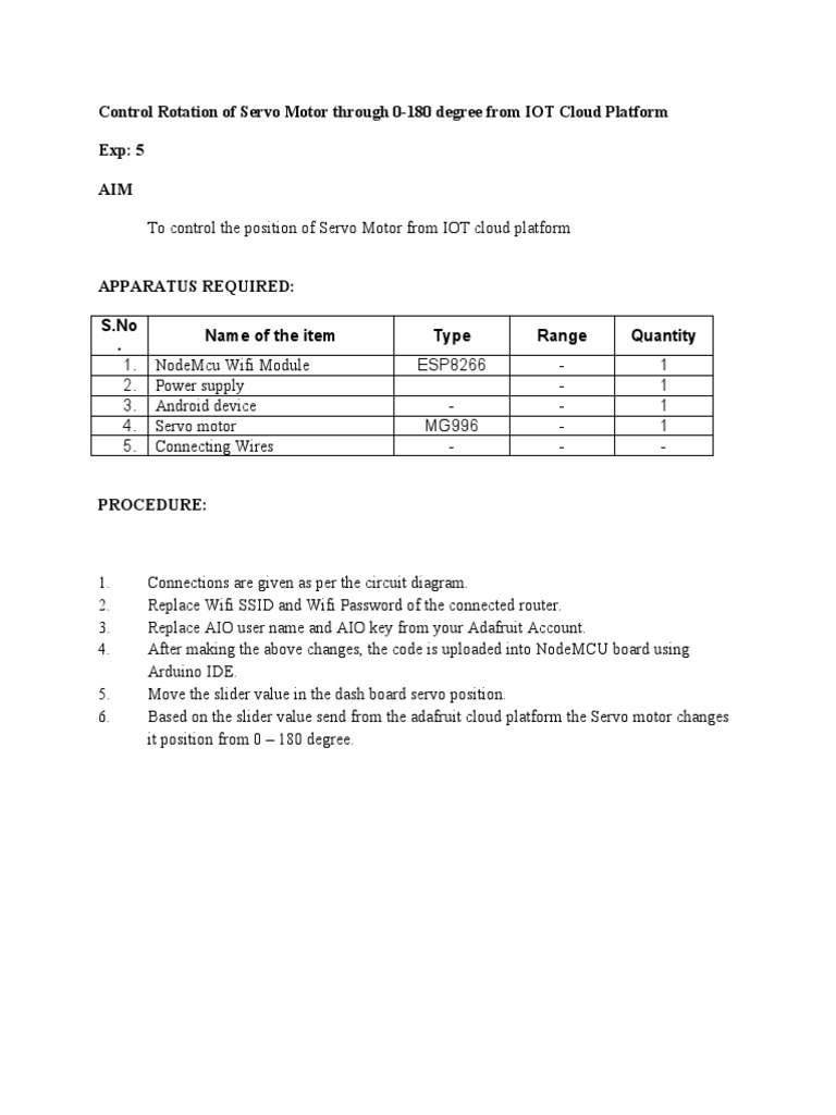 Experiment 6 Servo Motor Control Using IOT Plaform | PDF | Arduino | Computer Networking