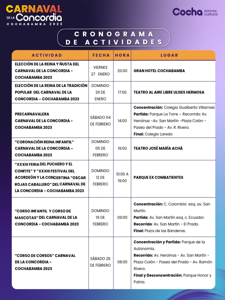 Cronograma de Actividades Carnaval de La Concordia - Cochabamba 2023 | PDF