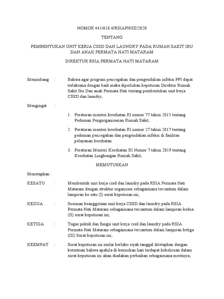 PH SK Pembentukan Unit Kerja CSSD Dan Laundry | PDF