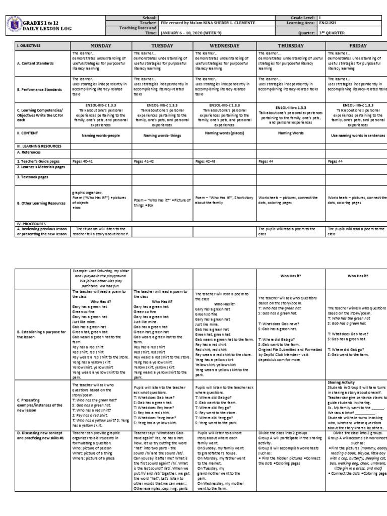DLL - English 1 - Q3 - W9 | PDF | Learning | Question