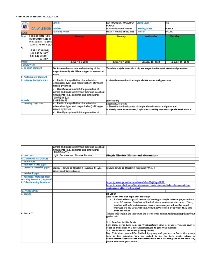 DLL Do SCI g10 Q2 Week7 21 22 | PDF | Teachers | Optics