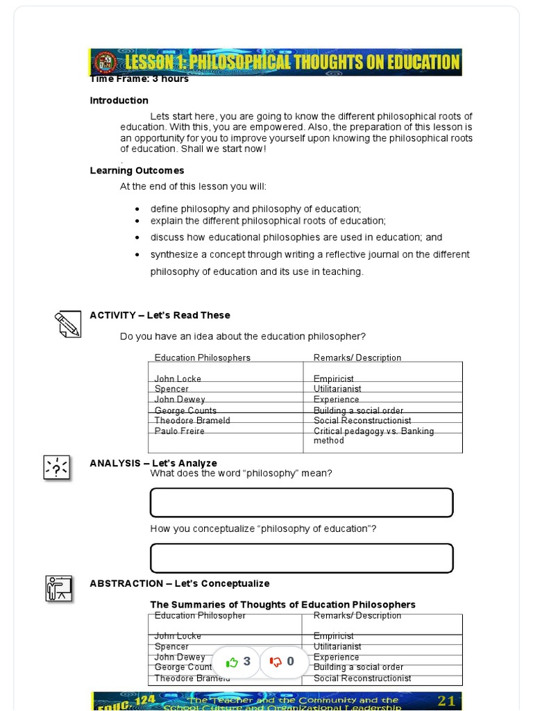 m1 Lesson 1 Philosophical Thoughts of Education | PDF | Philosophy Of Education | Learning