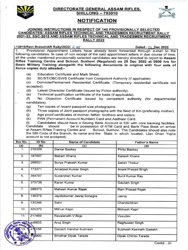 Notification: General Assam Shtllong | PDF