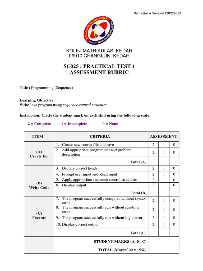 Rubric Practical Test 1 SC025 - Sequence | PDF