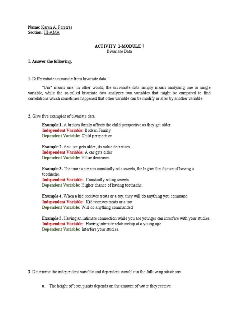 Perreras Karen A Activity 1 Module 7 Pdf Dependent And Independent Variables Variable 