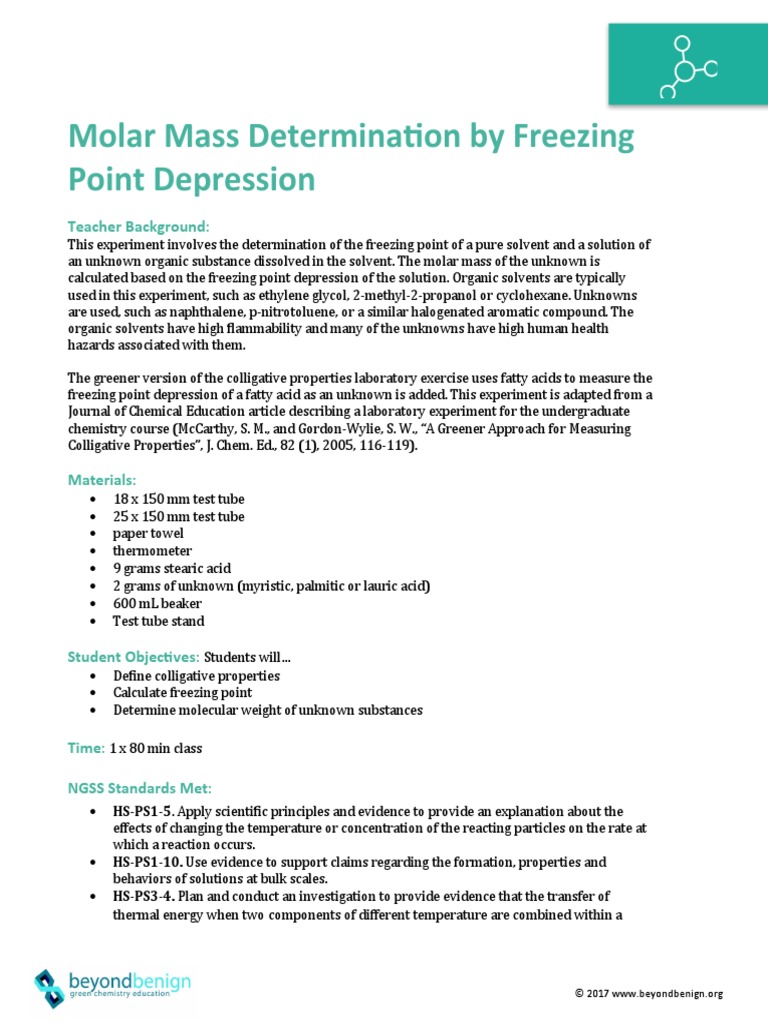 Molar Mass Determination by Freezing Point Depression | PDF | Mole ...