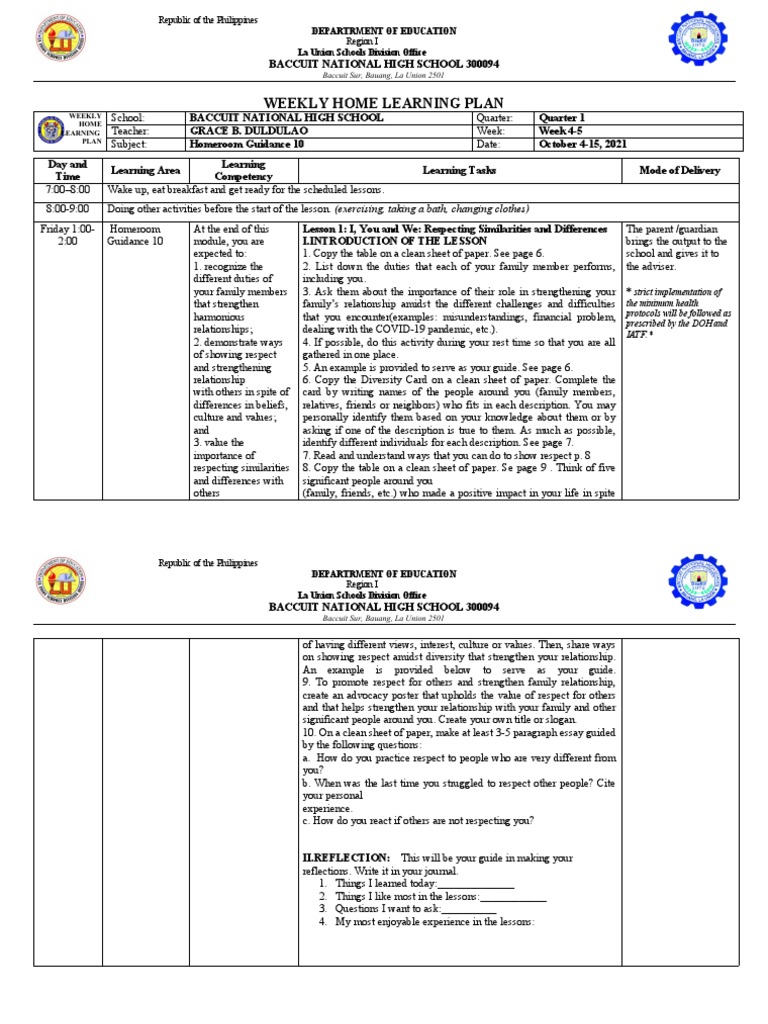 WEEKLY HOME LEARNING PLAN Q1 Week 4-5 | PDF | Cognition | Learning