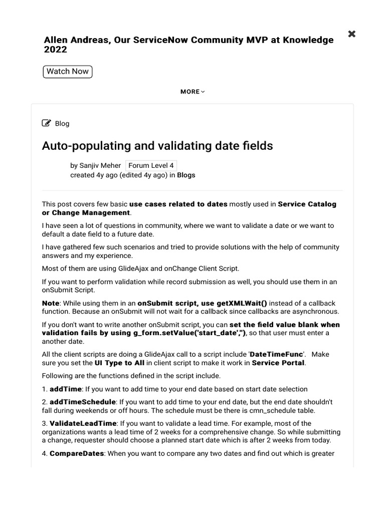 Auto Populating And Validating Date Fields Blogs Blog Servicenow Community Pdf Java