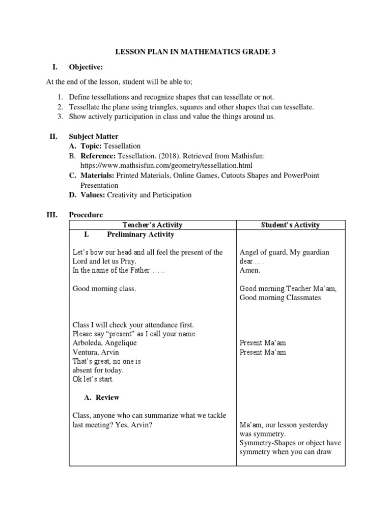 Lesson Plan - Tessellation-Realon, J.R. | PDF | Convex Geometry ...