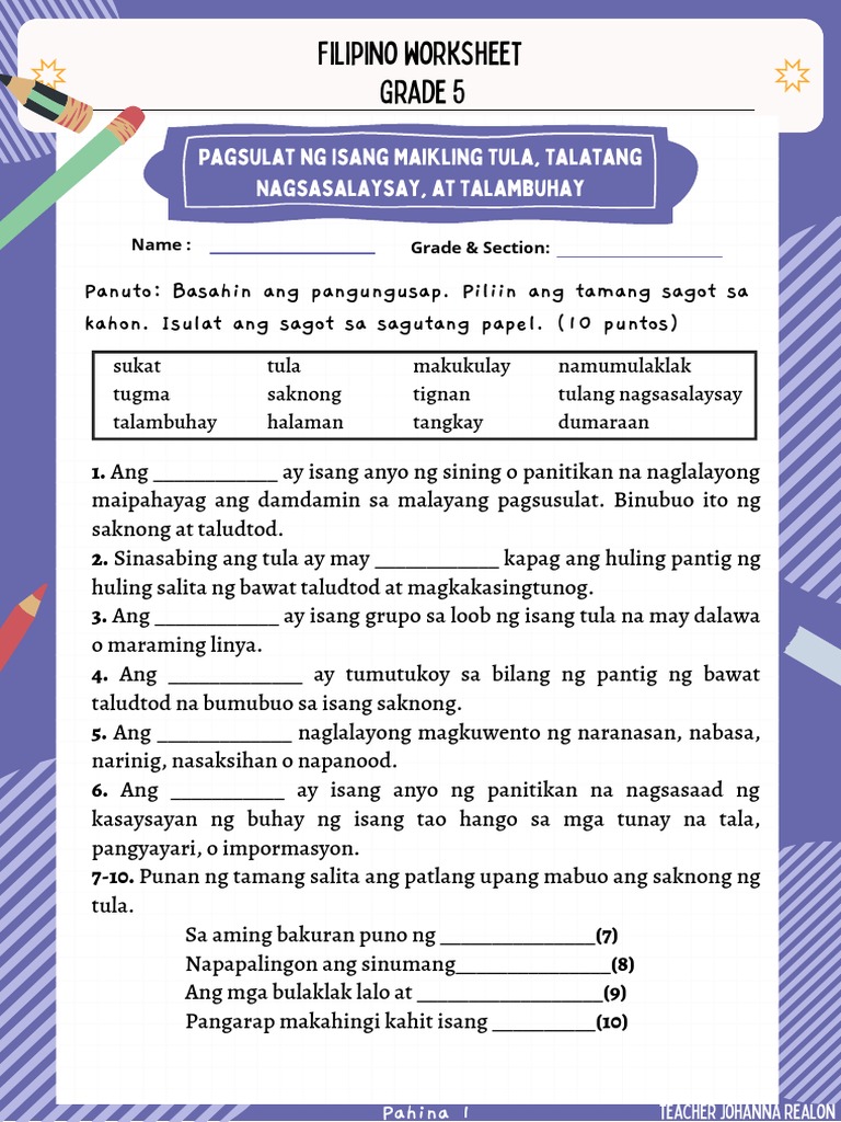 Filipino 5 Worksheet - Realon, J | PDF