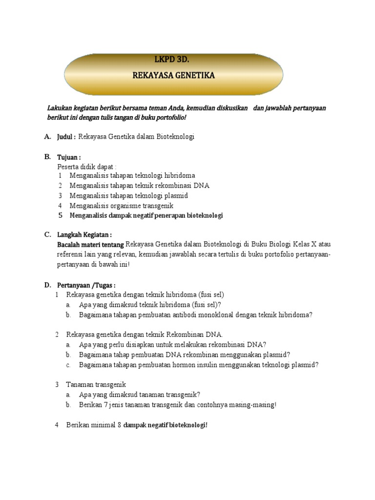 Rekayasa Genetika untuk Pelajar | PDF