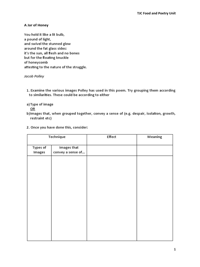 Food and Poetry Tutorial Worksheets 2023 (Students Copy) | PDF | Poetry