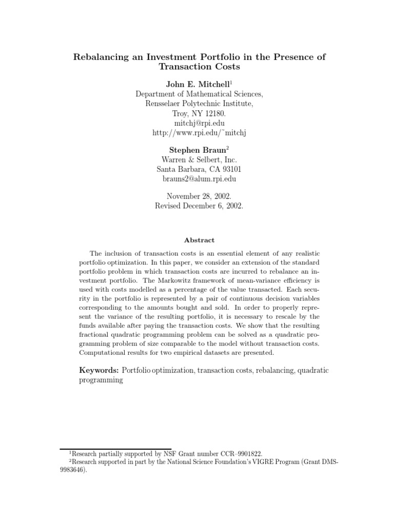 Rebalancing An Investment Portfolio in The Presence of Transaction ...