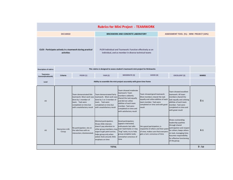 Assessing Student Teamwork Through A Rubric: Evaluating Participation ...