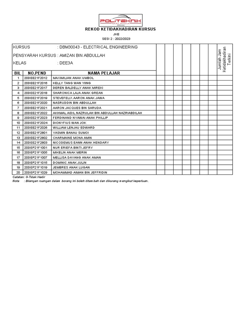 Rekod Ketidakhadiran Kursus DBM30043 | PDF