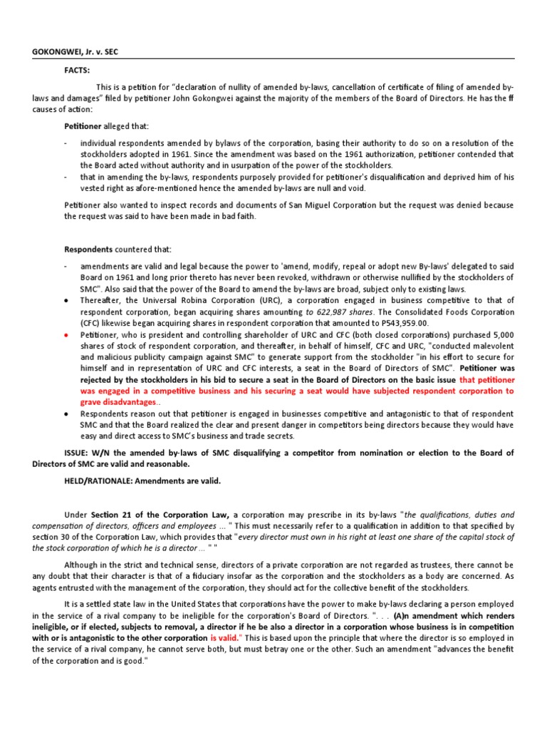 Gokongwei Vs Sec Digest | PDF | Board Of Directors | Corporations
