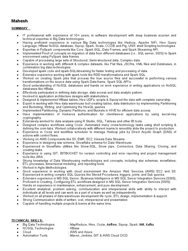 Mahesh D: Senior AWS Big Data Engineer | PDF | Apache Spark | Microsoft Sql Server