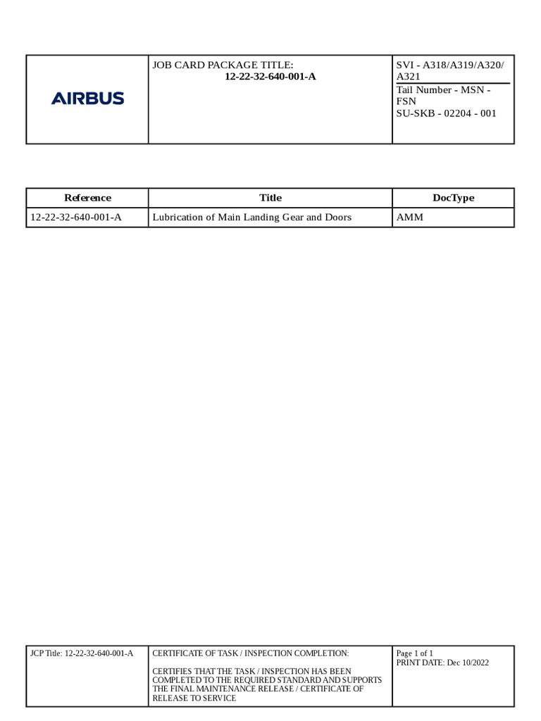 Job Card Package Title: SVI - A318/A319/A320/ A321 Tail Number - MSN ...