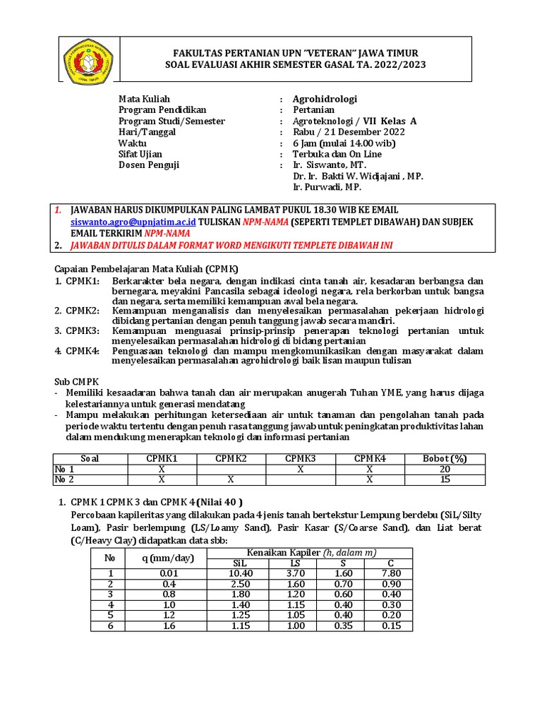 Soal Uas Agrohidro Berbasis CPMK 7a-2022 | PDF