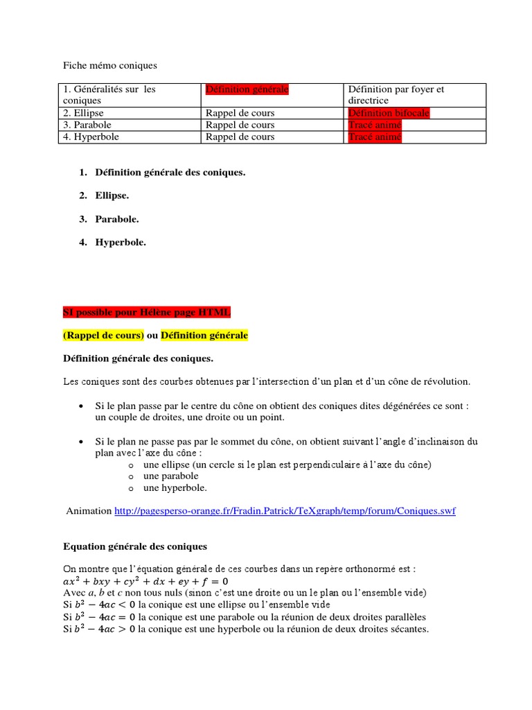 Fiche Mémo Coniques | PDF | Ellipse | Géométrie
