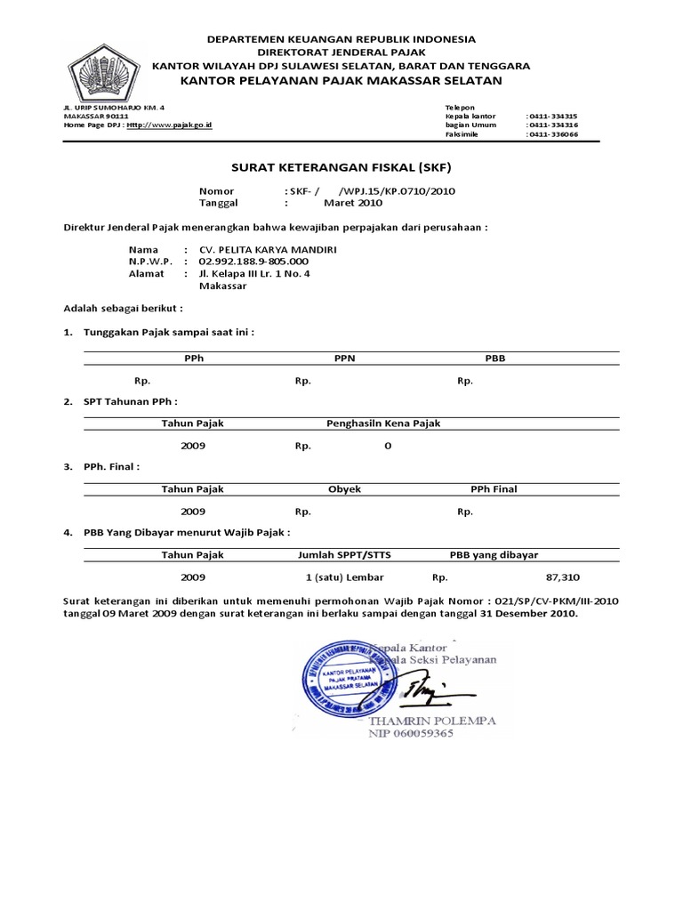 Contoh Surat Keterangan Fiskal Pajak | PDF