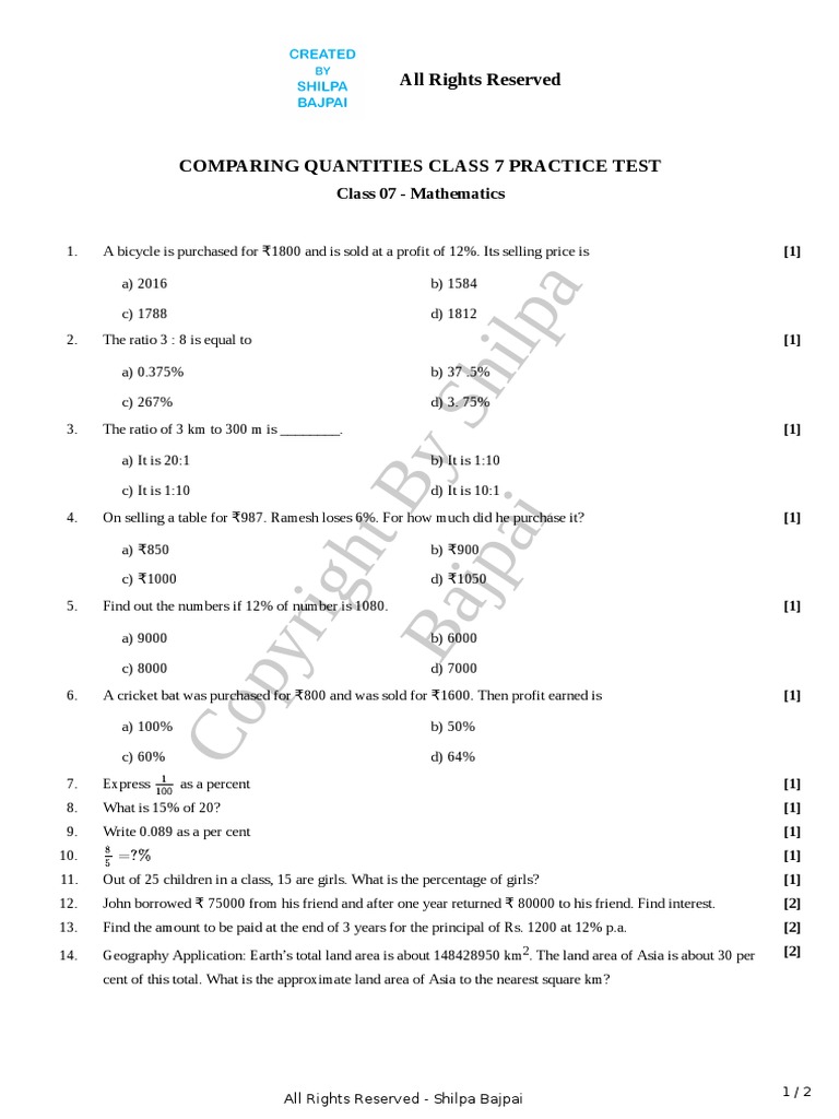 Comparing Quantities Practice Test Class 7 | PDF | Private Sector ...