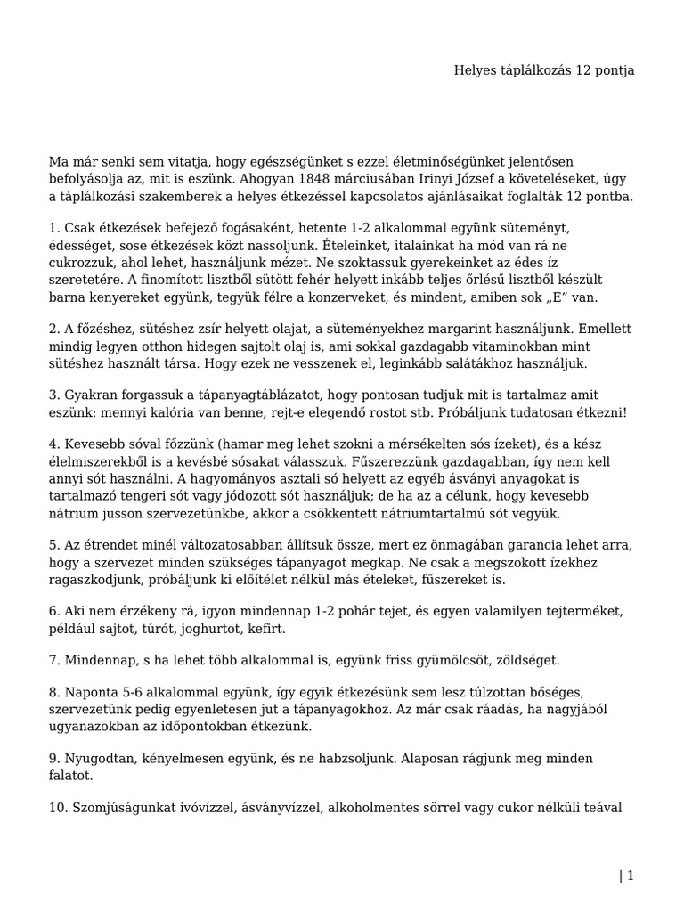 Helyes Táplálkozás 12 Pontja | PDF