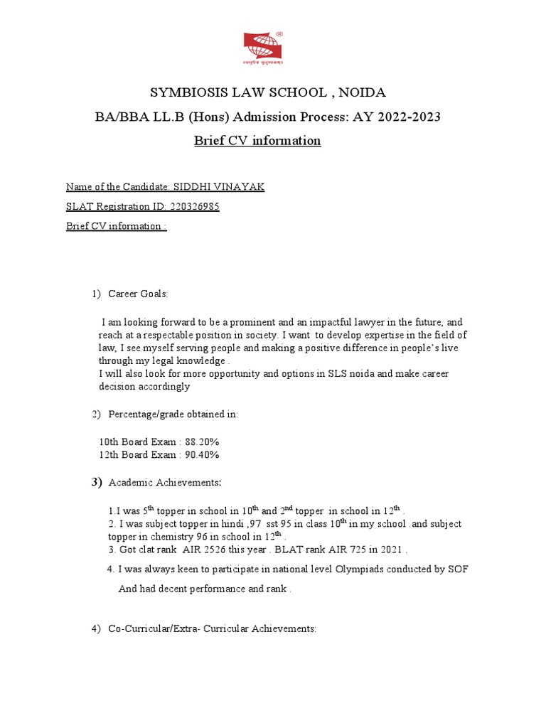 Symbiosis Law School, Noida BA/BBA LL.B (Hons) Admission Process AY ...