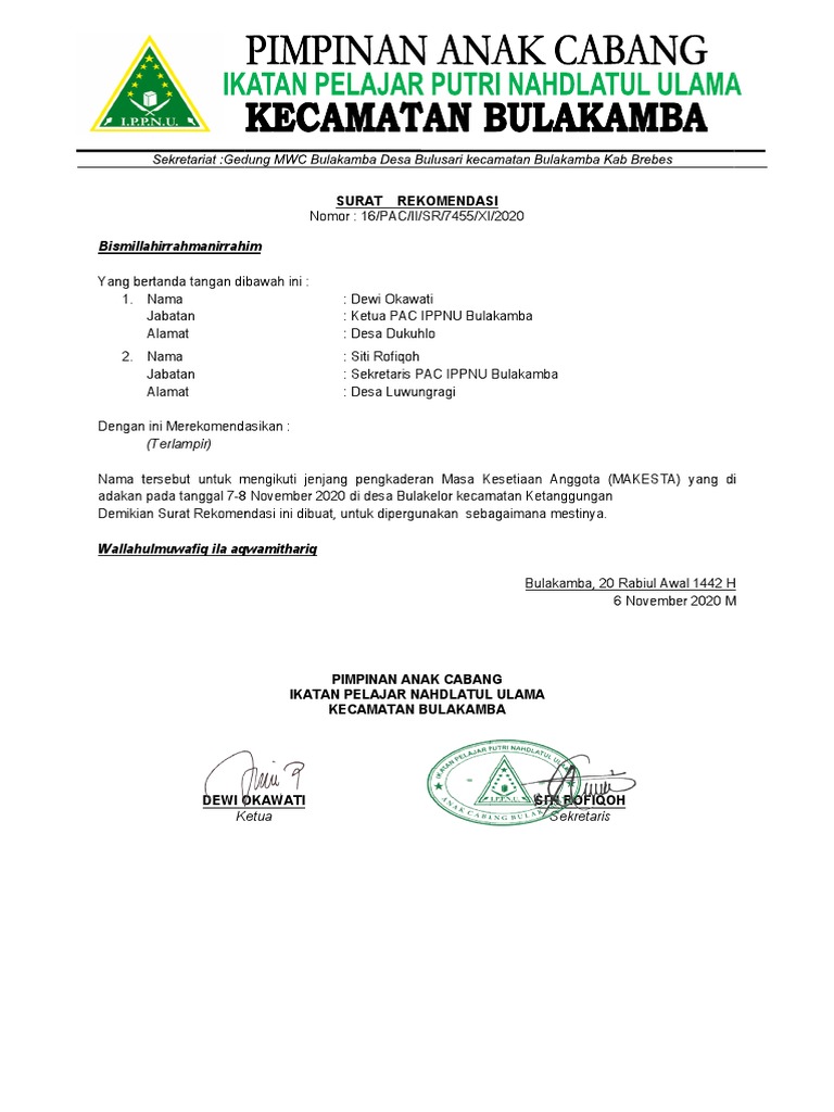 Surat Rekom Makesta IPPNU | PDF