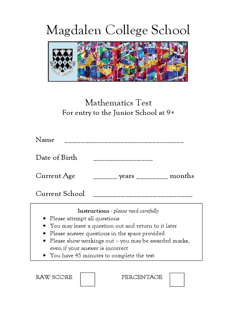 Magdalen College School 9 Plus Maths Practice Paper | PDF | Mathematics