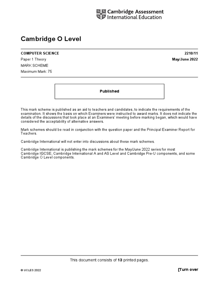 Cambridge O Level: Computer Science 2210/11 May/June 2022 | PDF