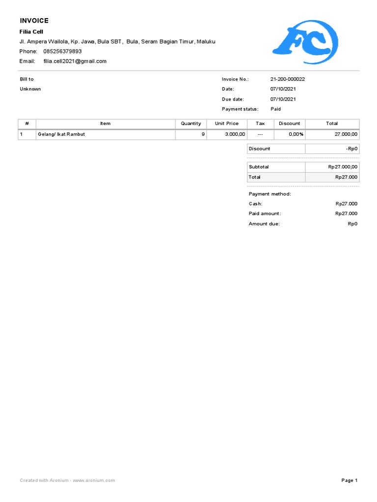 Invoice: 085256379893 Phone: Email: Jl. Ampera Wailola, Kp. Jawa, Bula ...