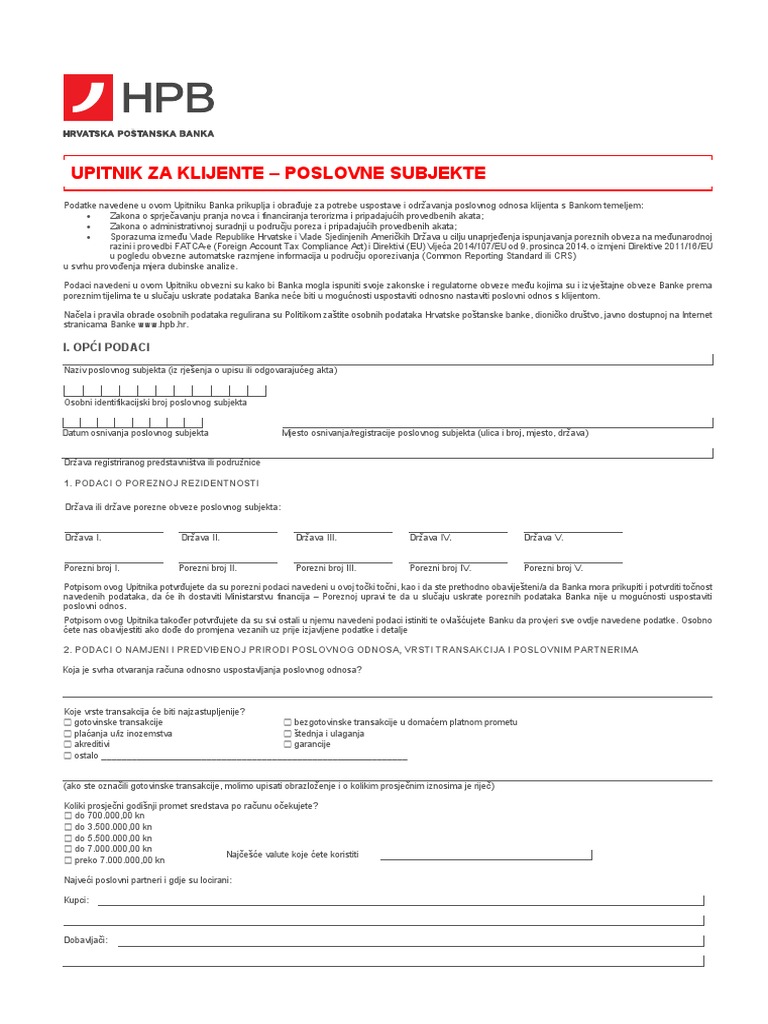 Upitnik Za Klijente - Poslovne Subjekte | PDF