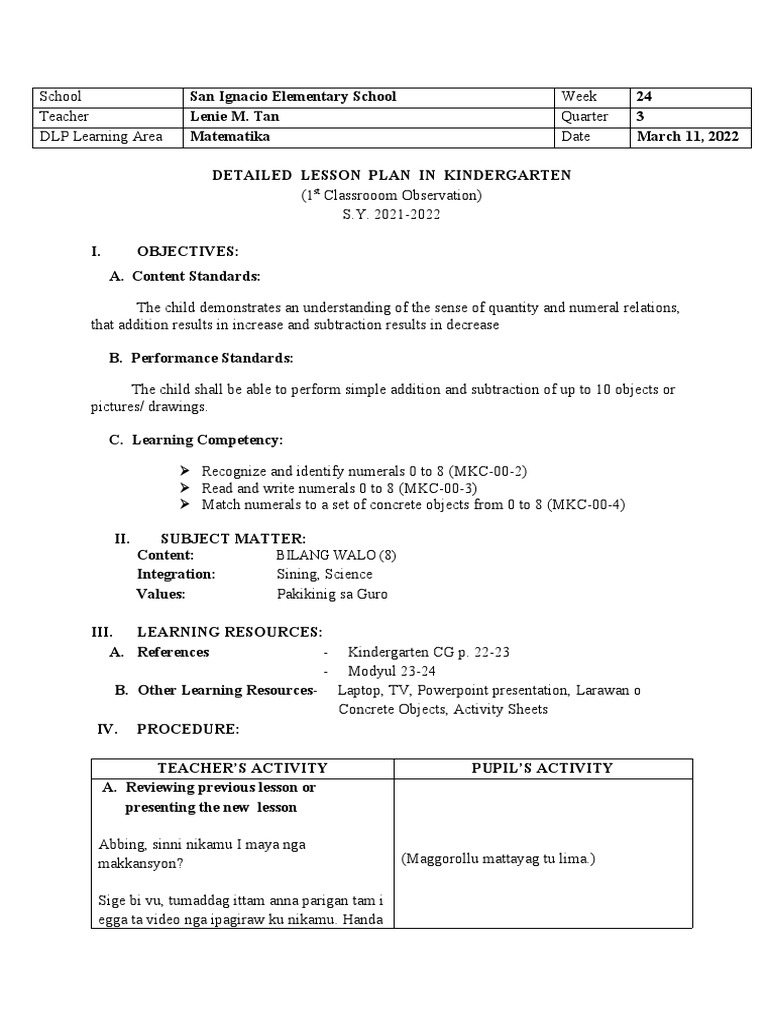 Lesson Plan Bilang Walo 8 | PDF | Cognition