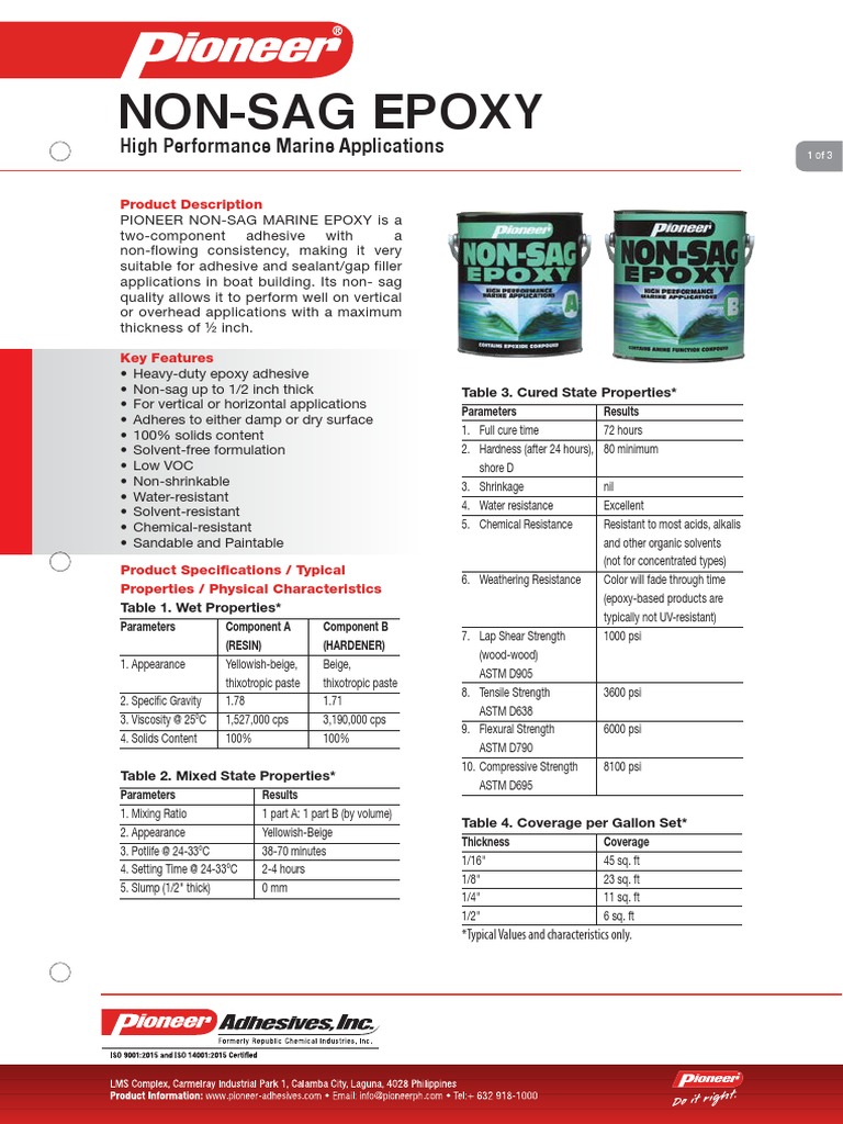TDS - Pioneer Non Sag Epoxy - 022019 | PDF | Adhesive | Epoxy