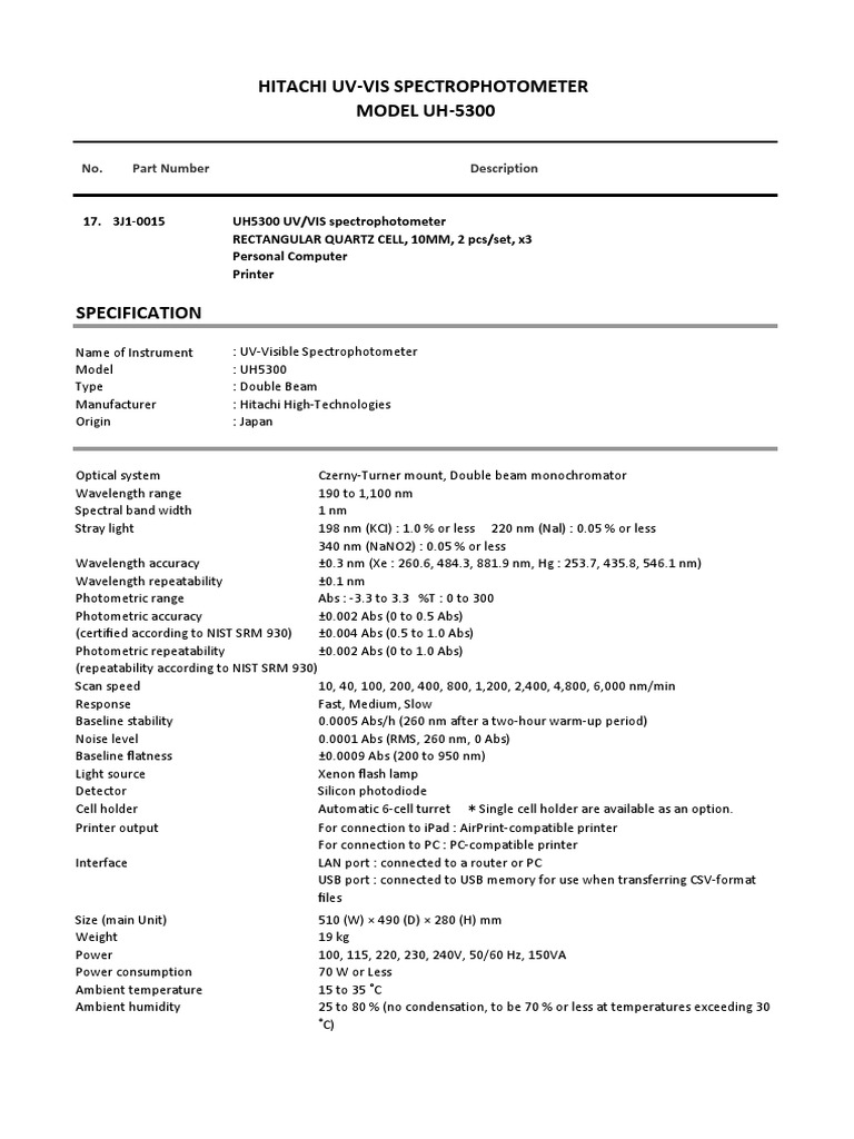 UH5300 Spectrophotometer Specs | PDF | Ultraviolet–Visible Spectroscopy ...