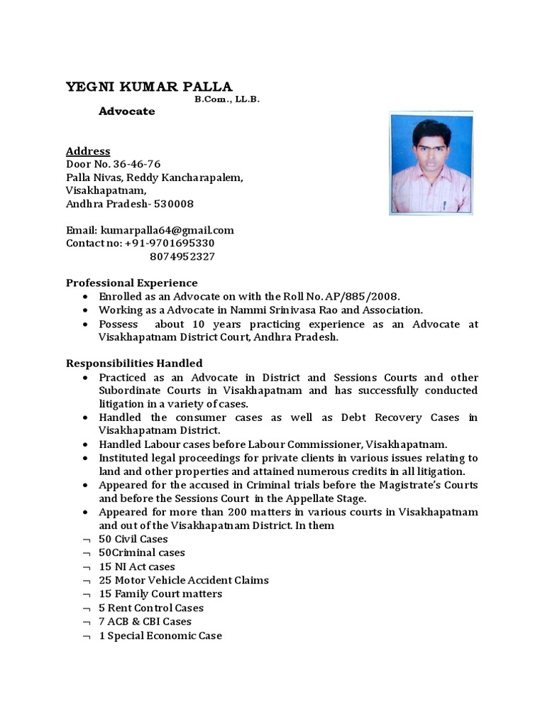 Yegni Kumar Resume | PDF | Advocate | Lawsuit