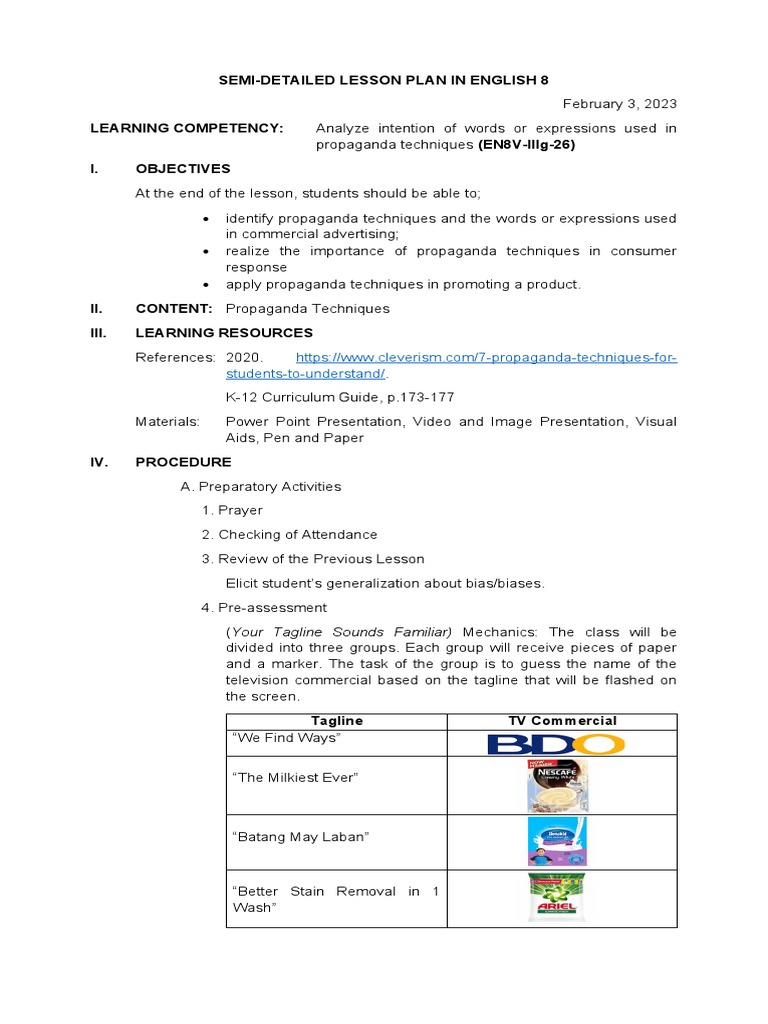 Propaganda Techniques Lesson Plan | PDF | Propaganda | Lesson Plan