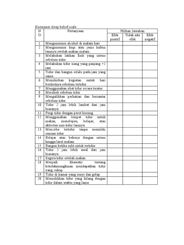 Kuesioner sleep belief scale | PDF