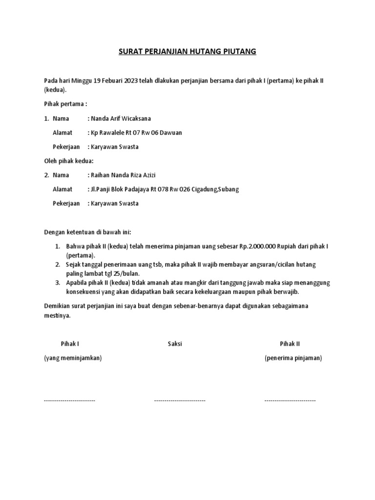 Surat Perjanjian Hutang Piutang | PDF
