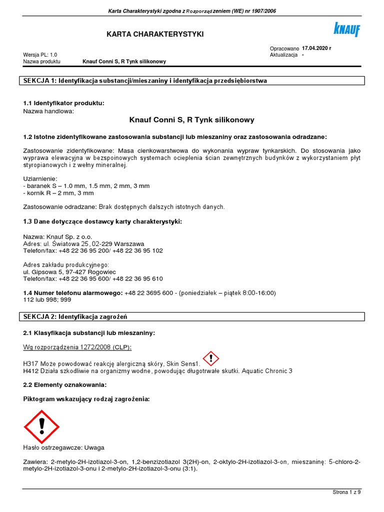 Karta Charakterystyki Knauf Tynk Silikonowy Conni S I R | PDF