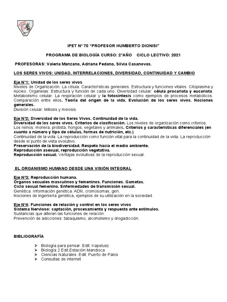BIOLOGIA 2°-2021 Programa Ipet 70 | PDF